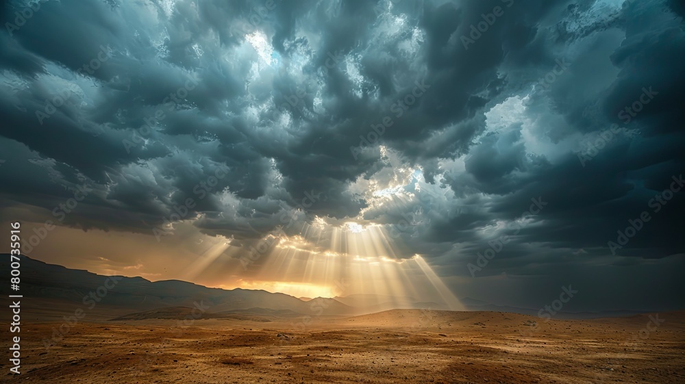 Dramatic cloudscape over vast desert terrain - A captivating cloudscape with sun rays bursting ...