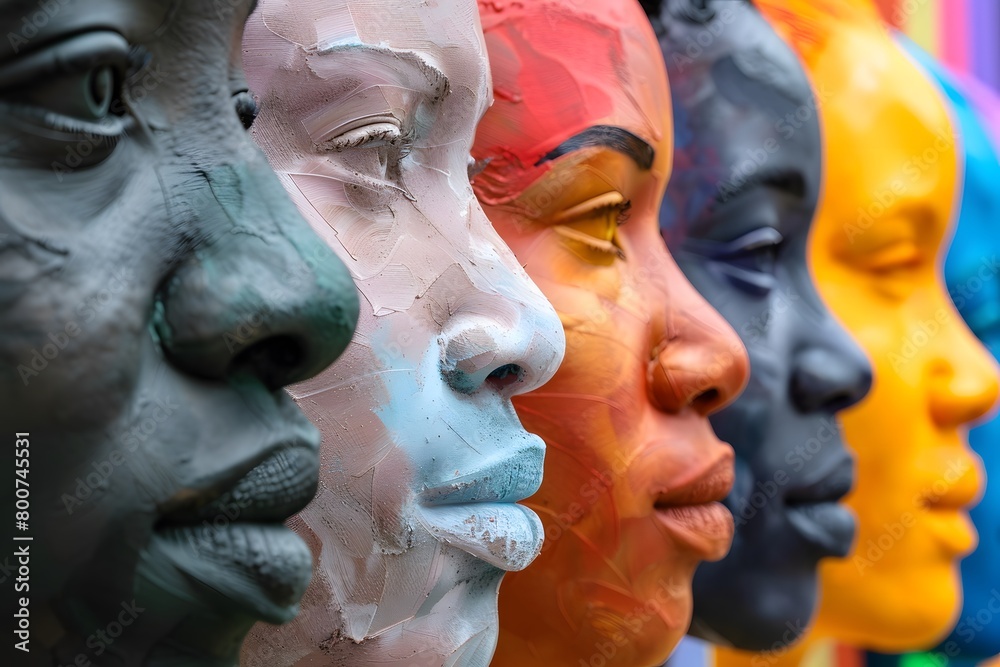 A photo of a row of profiled sculpted faces with a deep focus, each ...