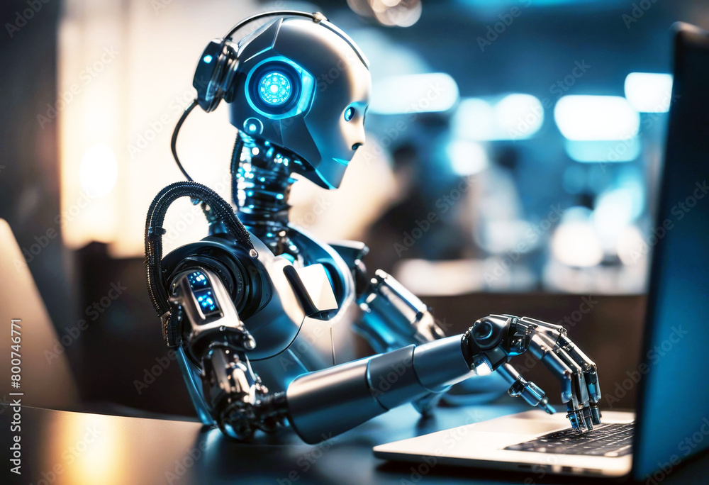 'tone blue button laptop point finger robot concept robotic advisor ...