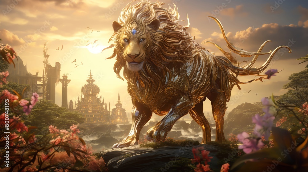 Artistic 3D animation of a Singha gracefully moving through a mythical ...