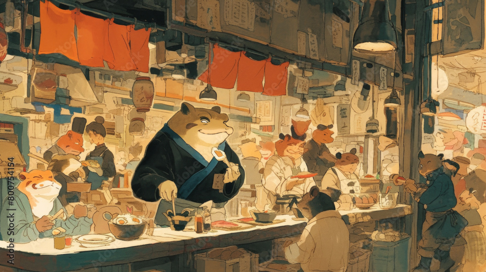 In the food court, there is one frog who is a sushi chef with many ...