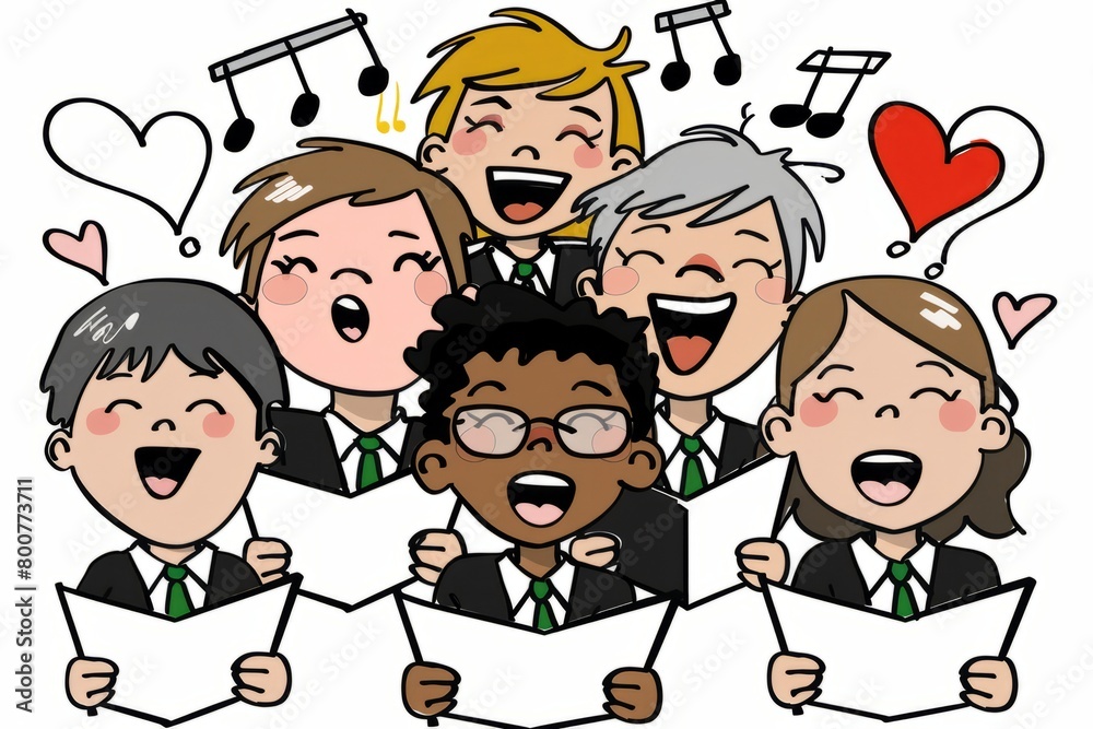 Cartoon cute doodles of a school choir singing together in harmony ...
