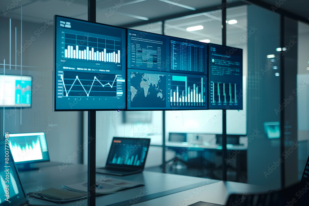 Business charts and graphs displayed on screens and whiteboards ...