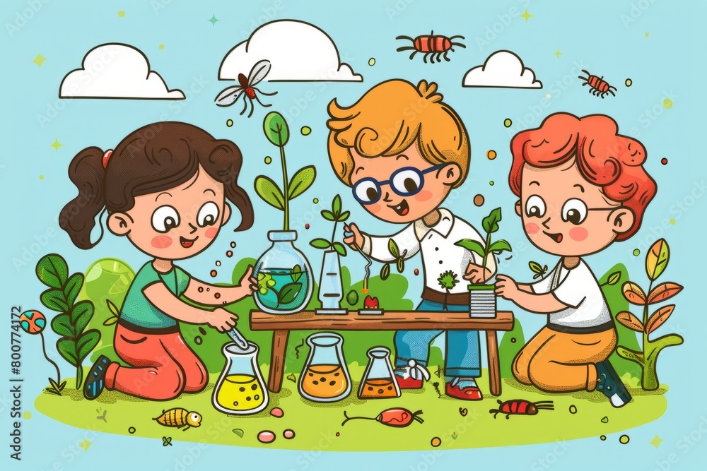 Cartoon cute doodles of students conducting a biology experiment ...