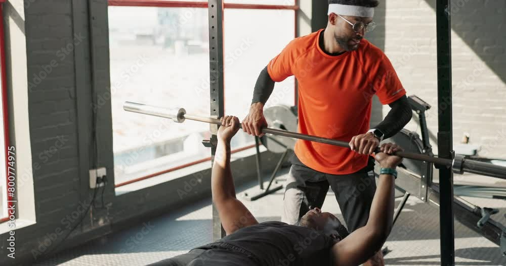 Bench, weights and man exercise with help, funny and fail for gym ...