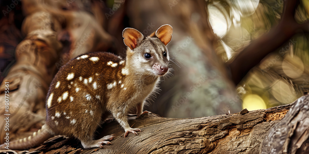 quoll with white spots on its body, brown fur and a small head, sitting ...