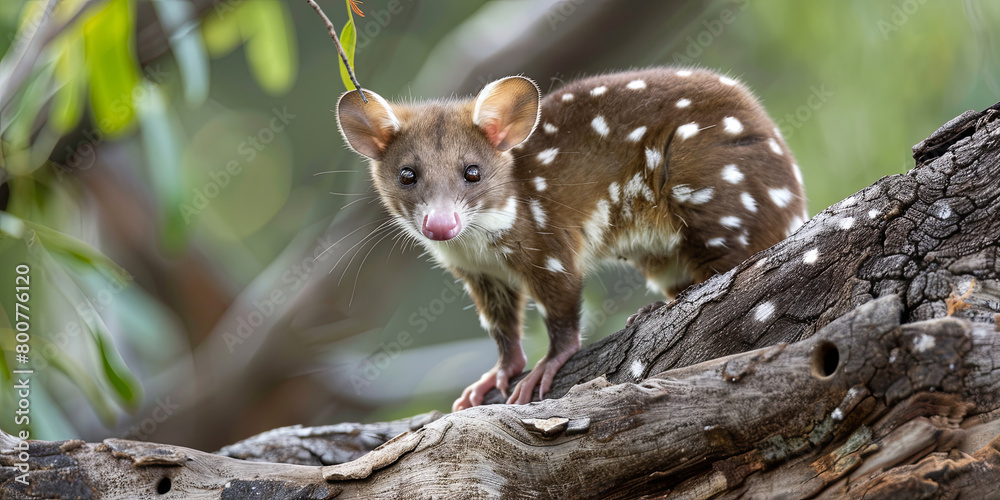 quoll with white spots on its body, brown fur and a small head, sitting ...