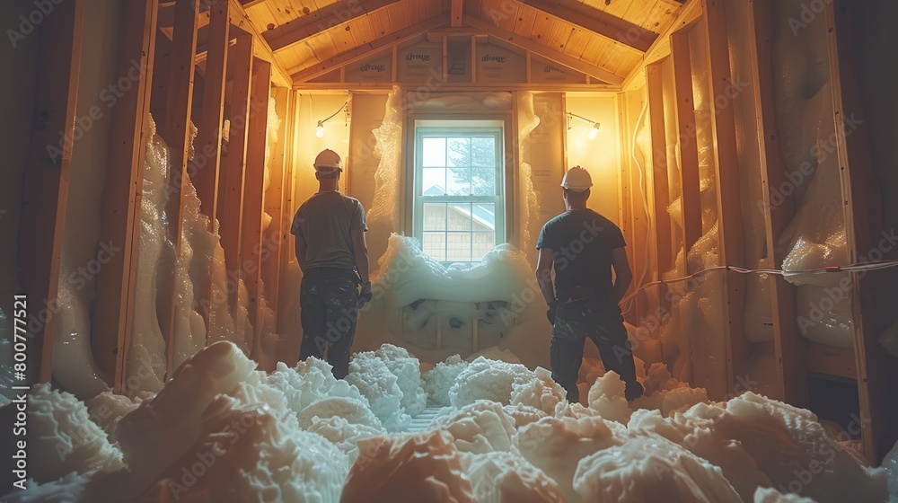 two people working on an exterior wall, surrounded by foam in the ...