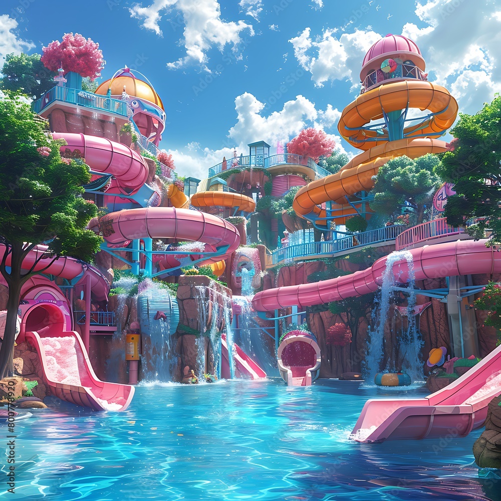 Designed an anime-themed water park with colorful slides and splash ...