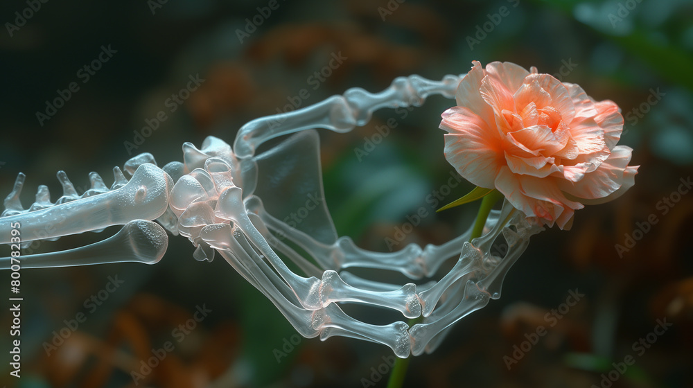 drawing vintage skeleton holding flower vector illustration. Set of ...