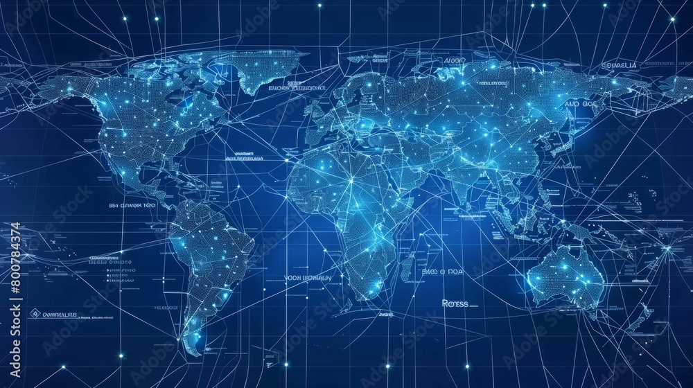 Global network map in blueprint style, major data centers marked, fiber ... Global network map in blueprint style, major data centers marked, fiber ...