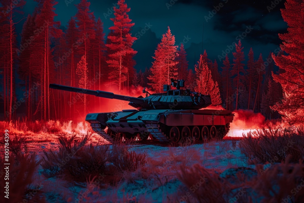 Infrared view of an M1 Abrams tank moving through a dark forest at ...