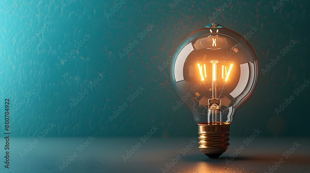 A light bulb illuminated on a block with space for text on a solid ...