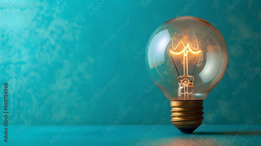 A light bulb illuminated on a block with space for text on a solid ...