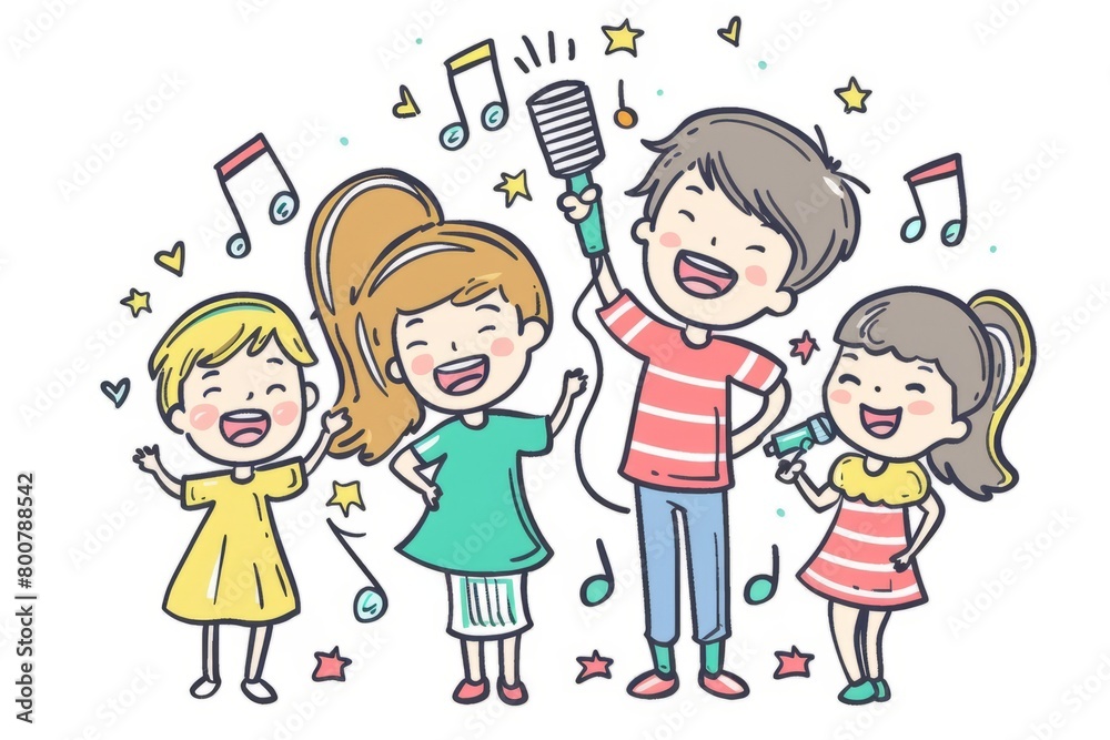 Cartoon cute doodles of a family having a karaoke night at home ...