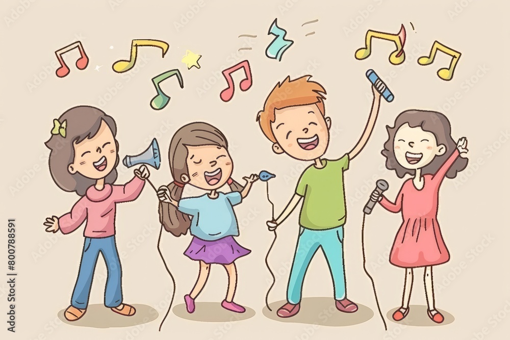 Cartoon cute doodles of a family having a karaoke night at home ...
