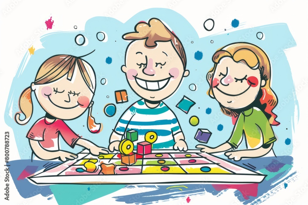 Cartoon cute doodles of a family playing a board game together, with ...