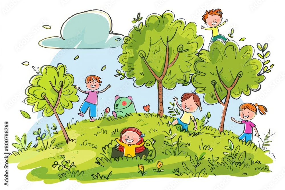 Cartoon cute doodles of a family playing a game of hide and seek ...