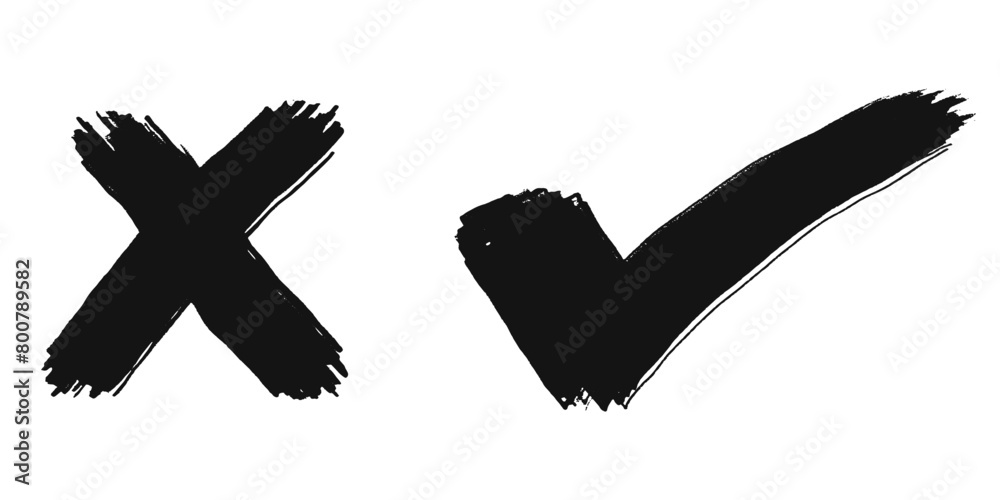 Doodle check mark and cross mark icon set. Tick symbol. checklist signs ...