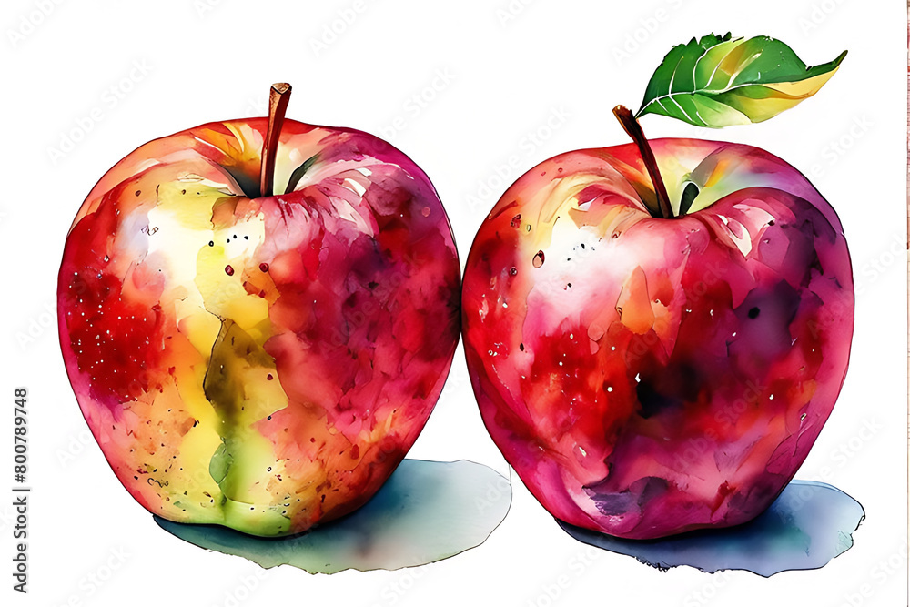 Watercolor painting of two red apples side by side. The apple is bright ...