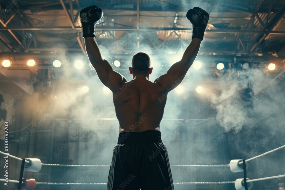 Envision the thrill of victory as a boxer raises their arms in triumph ...