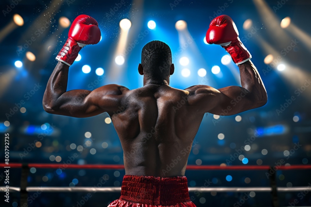 Envision the thrill of victory as a boxer raises their arms in triumph ...