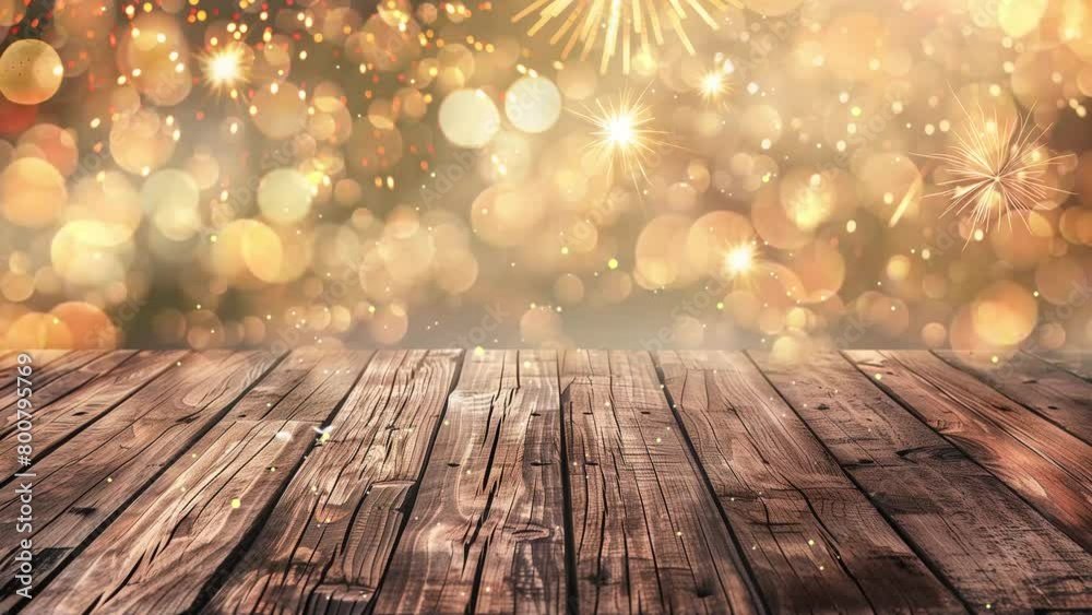 wood table or wood floor with abstract gold bokeh background ...