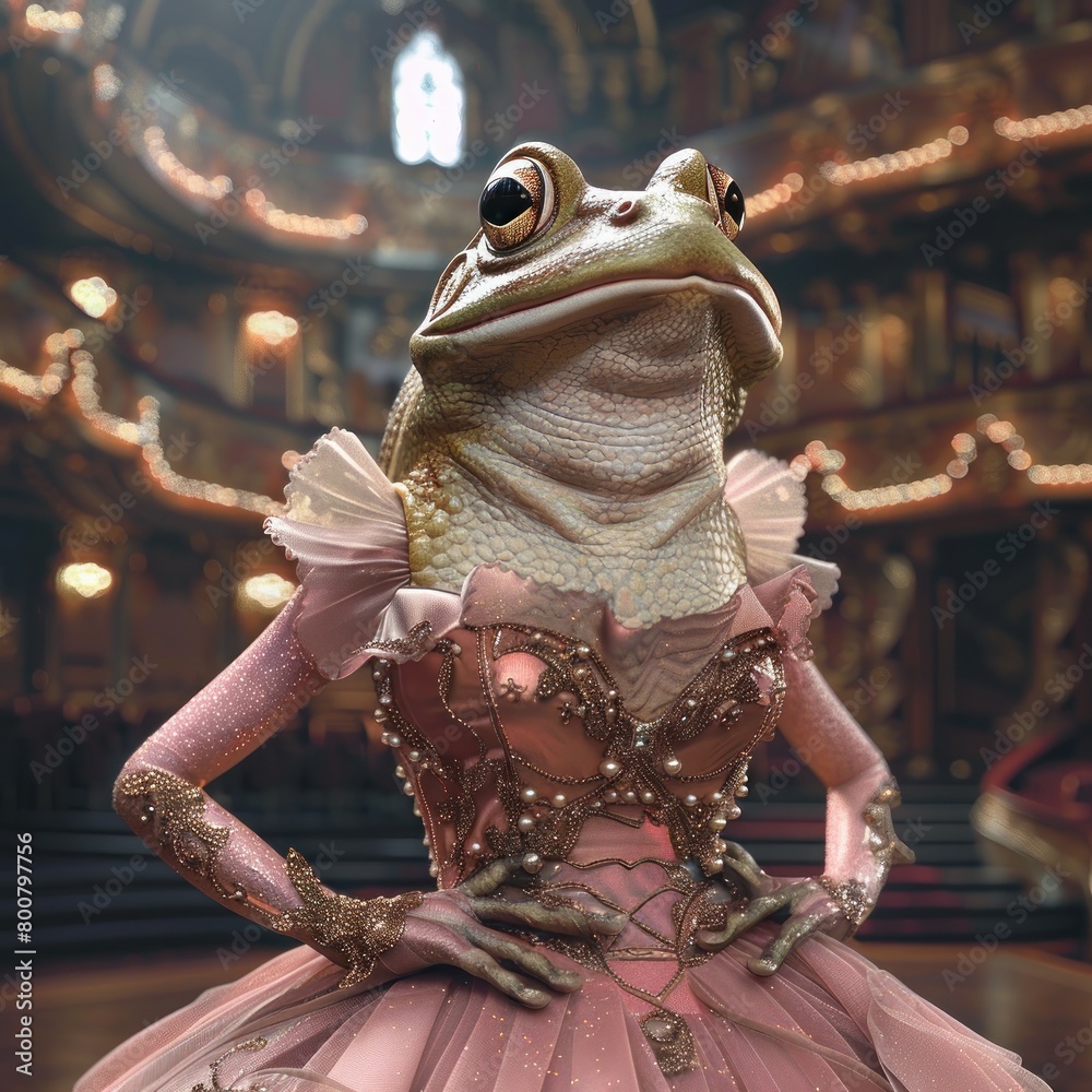 A whimsical frog dressed in a sparkling pink ball gown poses regally in ...