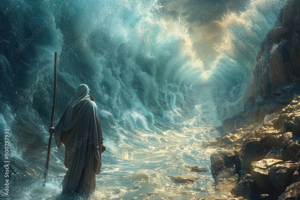 Portrait of the biblical back view of Moses dividing the sea with his ...