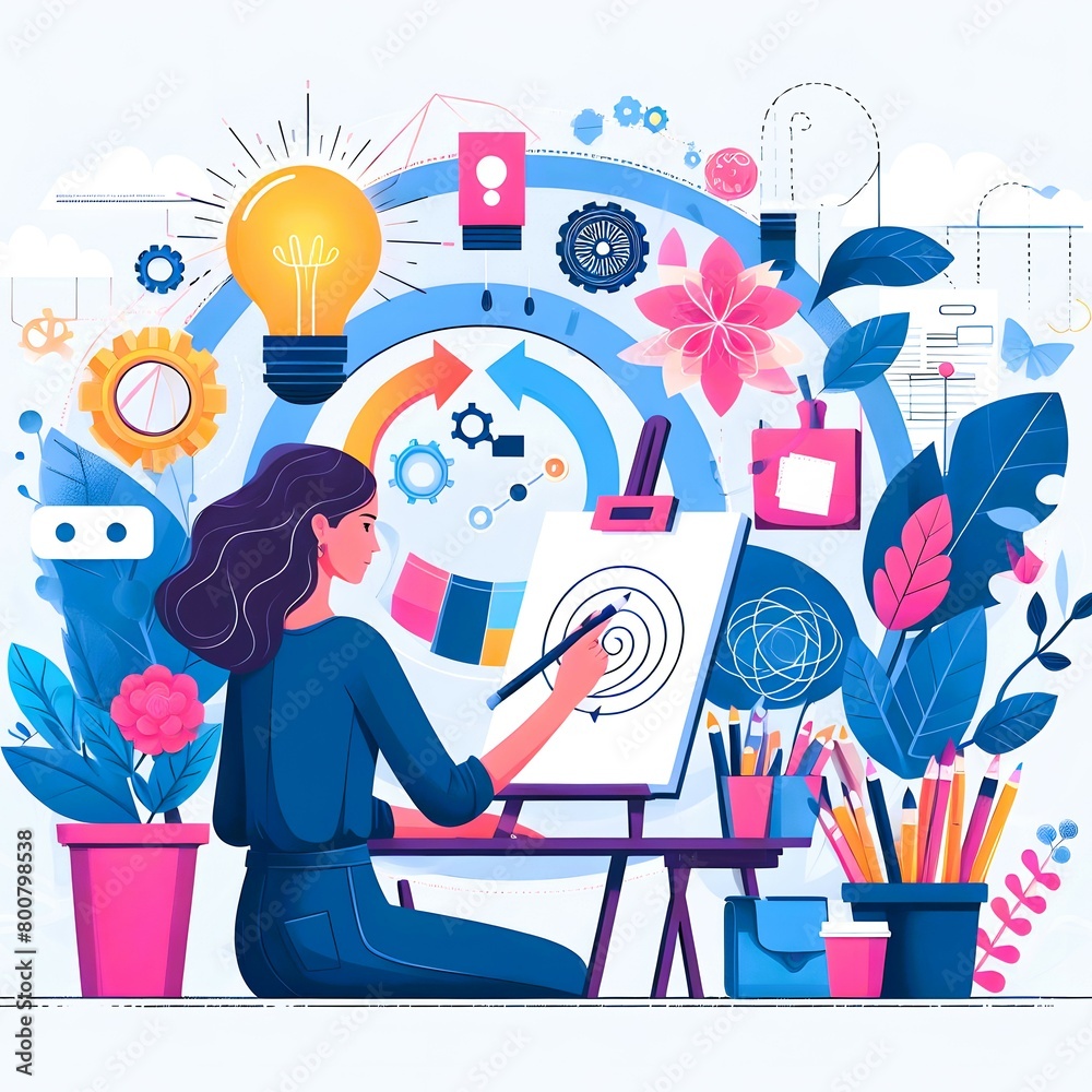 Creative process concept in modern flat design for web. Woman ... Creative process concept in modern flat design for web. Woman ...