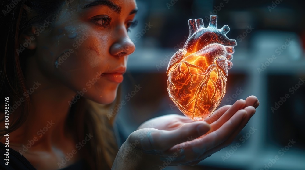A human heart floating in the palm of two hands, illuminated by medical ...