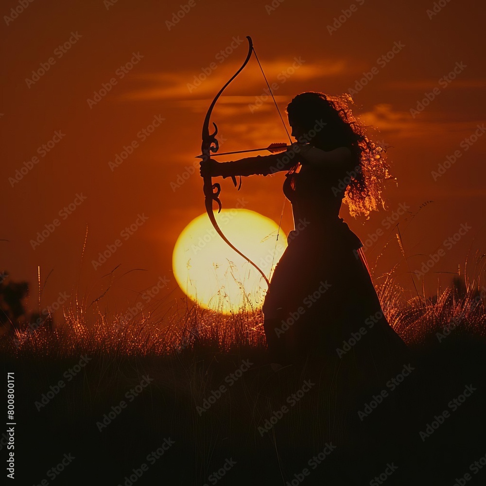 A dramatic silhouette of an archer at sunset, the bow raised and arrow ...