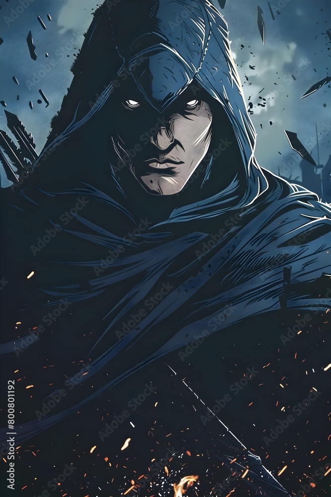 Calculating and Deadly Assassin in Hooded Cloak with Concealed Blades ...