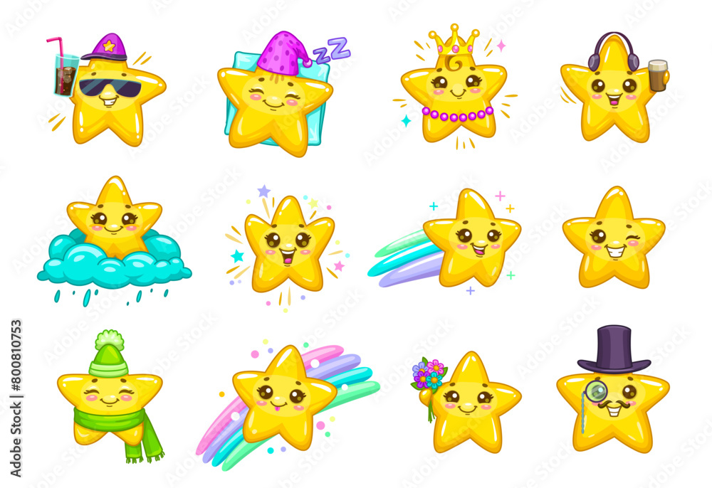Cartoon cute kawaii stars and twinkle personage characters with happy ...