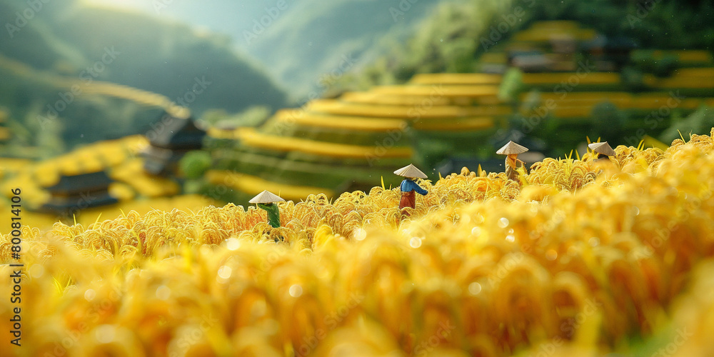 Miniature people working in golden rice fields, white rice grains ...