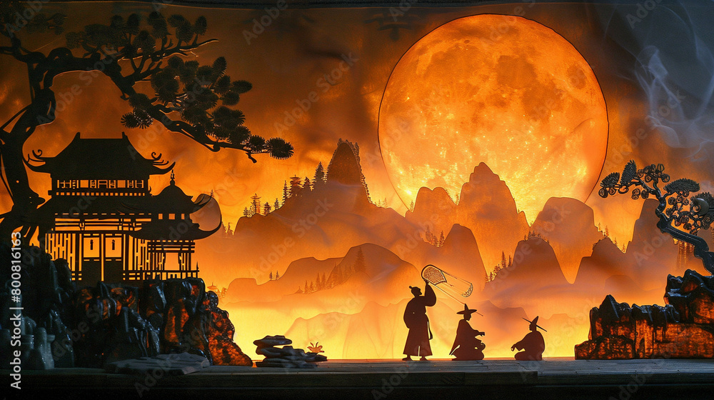 shadow puppet show, shadow figures, paper-cut, shows two people, whole ...