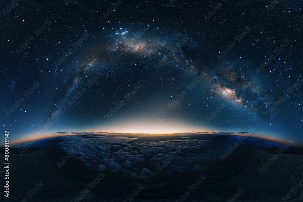 360 degree panoramic view of night sky featuring Milky way stars and ...