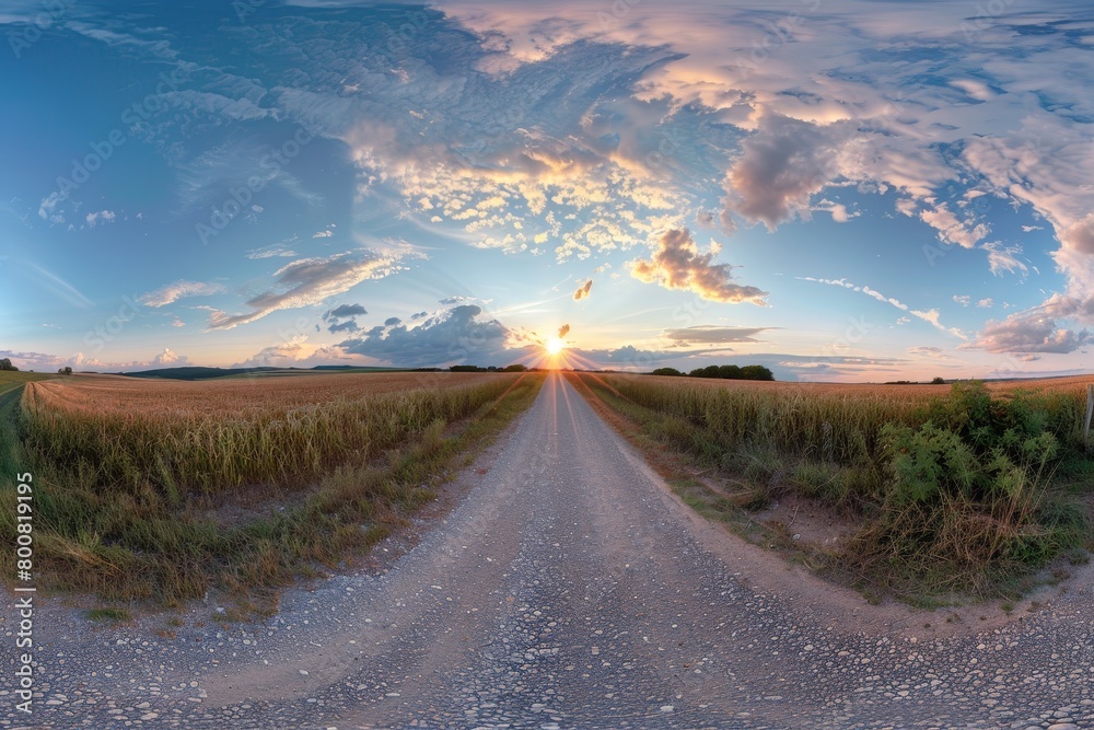 360 spherical HDRI panorama of gravel road in summer evening sunset ...