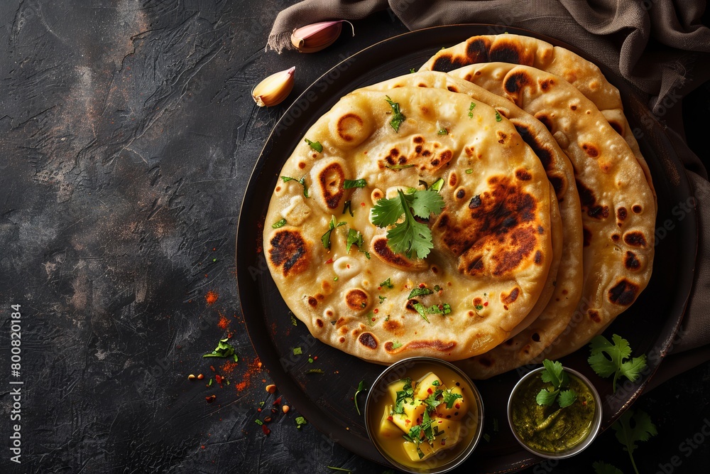 Aloo Paratha Indian stuffed flatbread with butter pickle and masala ...