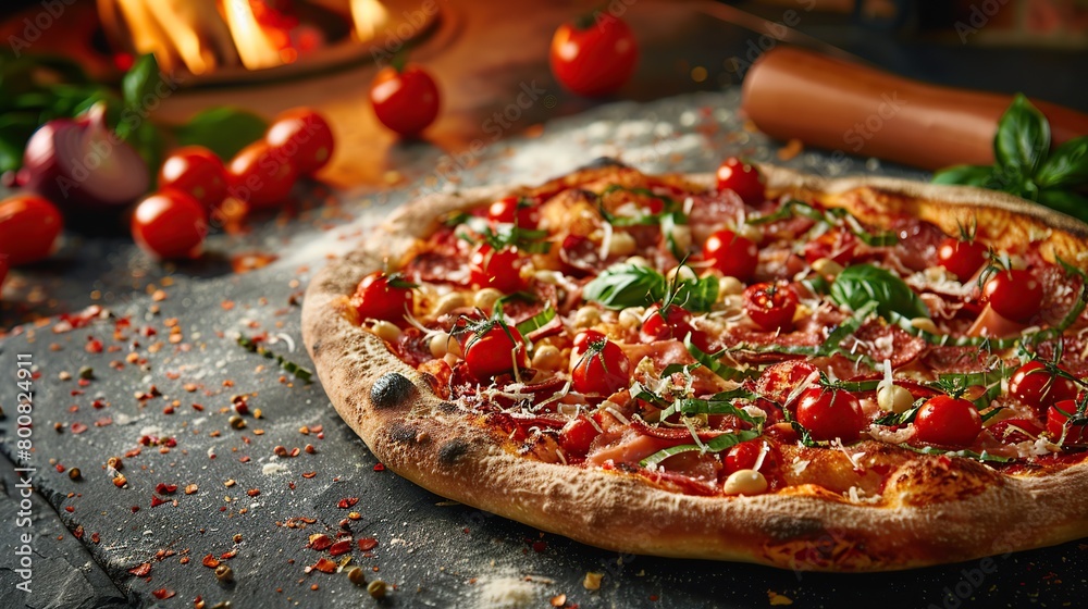Pizza yolo with pizza near the stone stove. Image of food. copy space ...