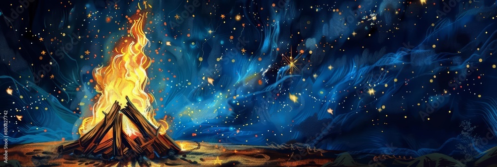 Igniting a bonfire during a camping trip is portrayed through a cozy ...