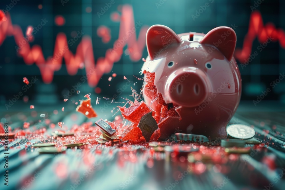 A poignant image of a shattered piggy bank in the foreground, Piggy ...