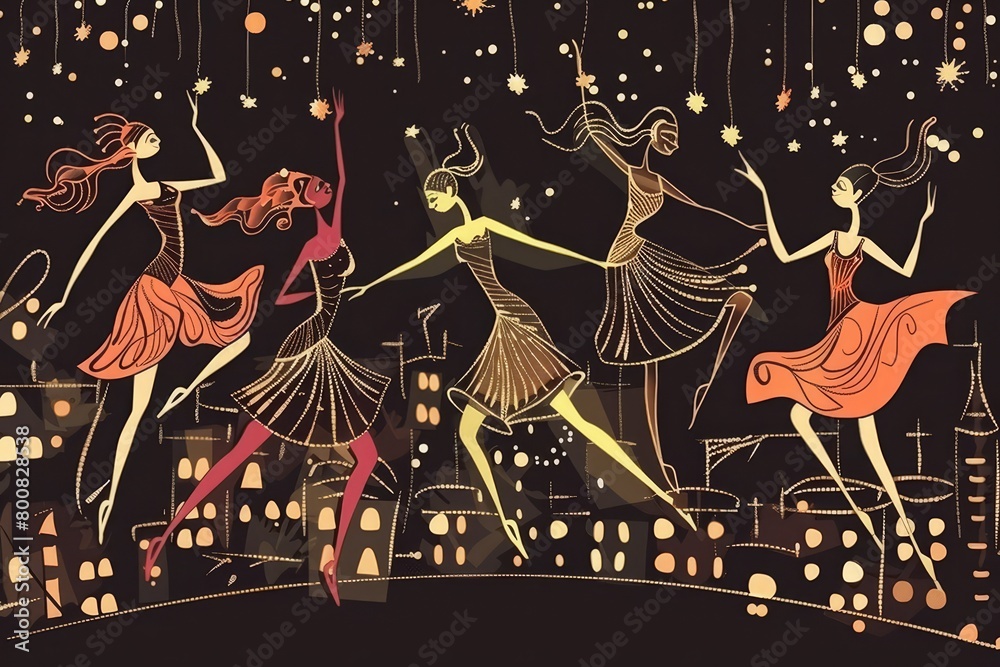 Cartoon cute doodles of a rooftop dance performance, with graceful ...