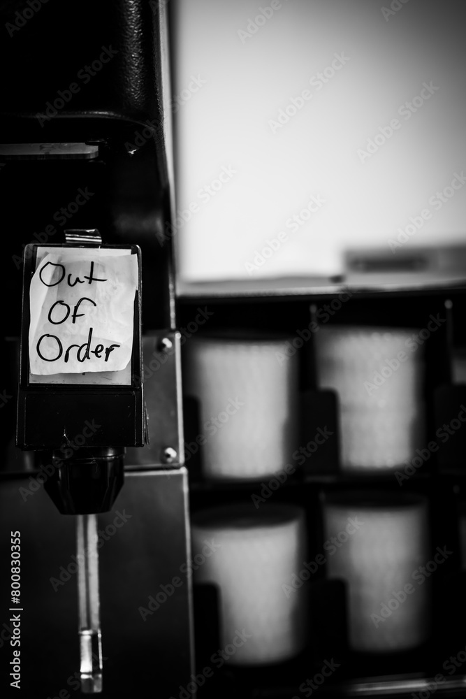 Out of Order sign posted on a soda pop fountain dispenser Stock-Foto ...