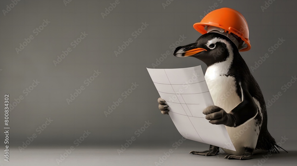 A penguin wearing a hard hat is holding a piece of paper. The penguin ...