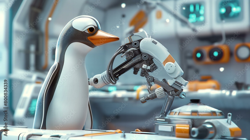 A penguin is interacting with a robot in a futuristic setting. The ...