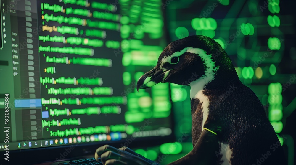 A penguin is sitting on a computer keyboard and typing. The penguin is ...