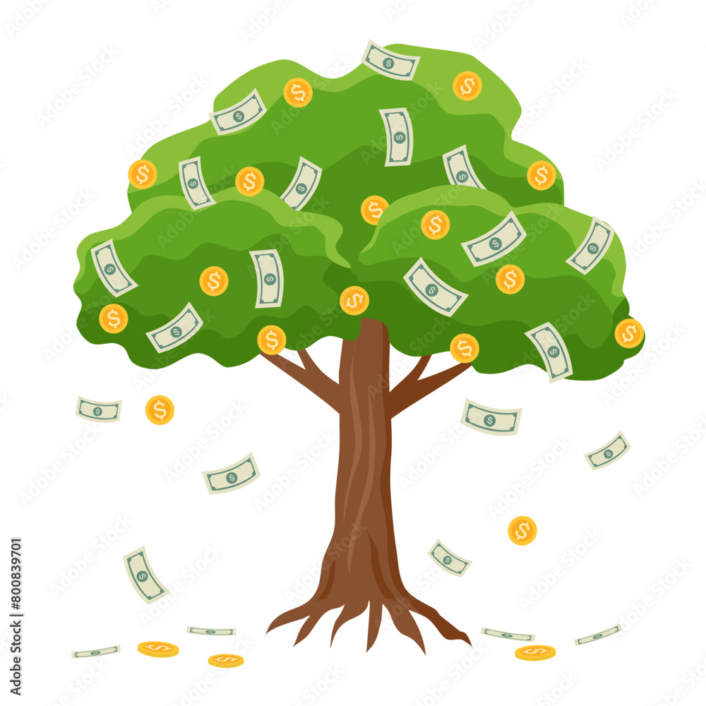 Money Tree. Luck, rich and prosperity concept. Tree and falling golden ...