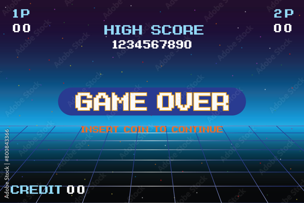 Vetor de GAME OVER INSERT A COIN TO CONTINUE .Synth wave wireframe net ...