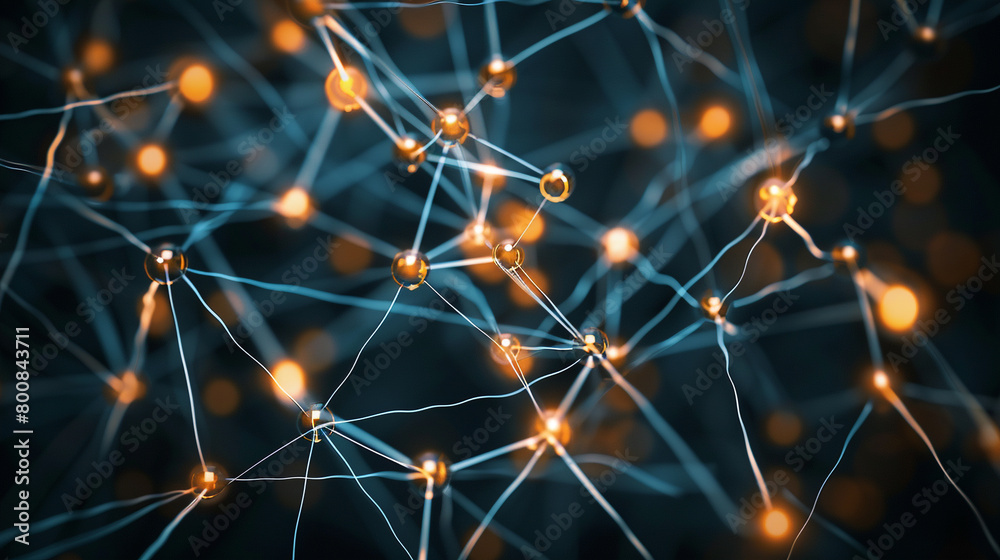 High-resolution image of a digital neural network with nodes and connections illuminated against ...